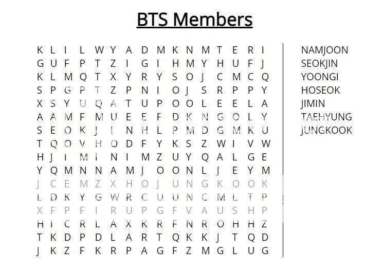 BTS Member Word Search (Easy) Quiz - By HoneyCider